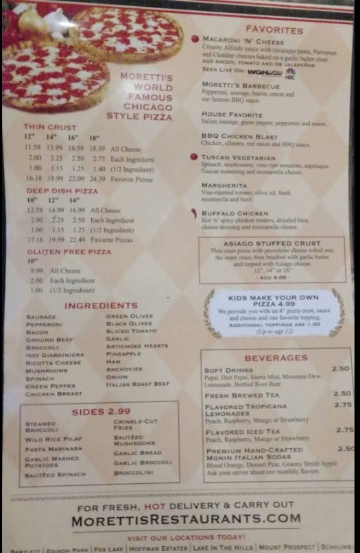 Moretti's Ristorante and Pizzeria Restaurant Menu – Prices & Specials