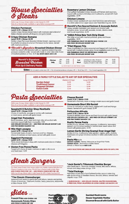 Moretti's Ristorante and Pizzeria Restaurant Menu – Prices & Specials