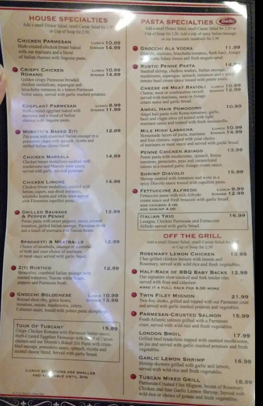Moretti's Ristorante and Pizzeria Restaurant Menu – Prices & Specials